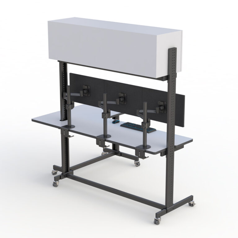 L-Shaped Workbench Desk with over-head flipper cabinets - Suspending ...