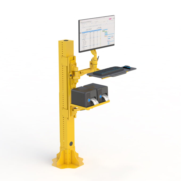 Industrial floor post with printer shelf and extendable keyboard arm ...